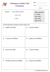 Customary Capacity Worksheets