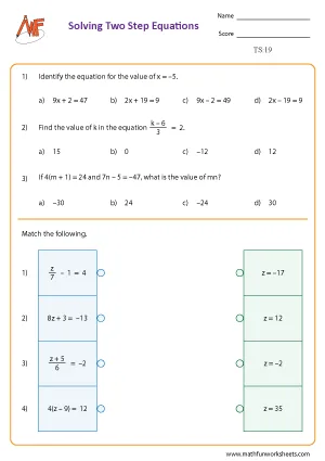 Simple Two Step Equations Worksheets