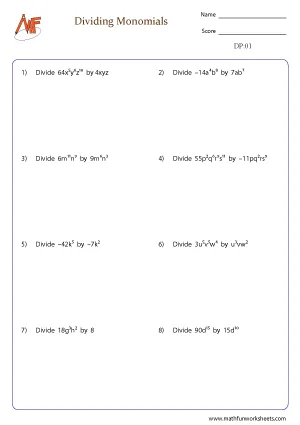 Dividing Monomials Worksheet Factoring Polynomials Worksheets